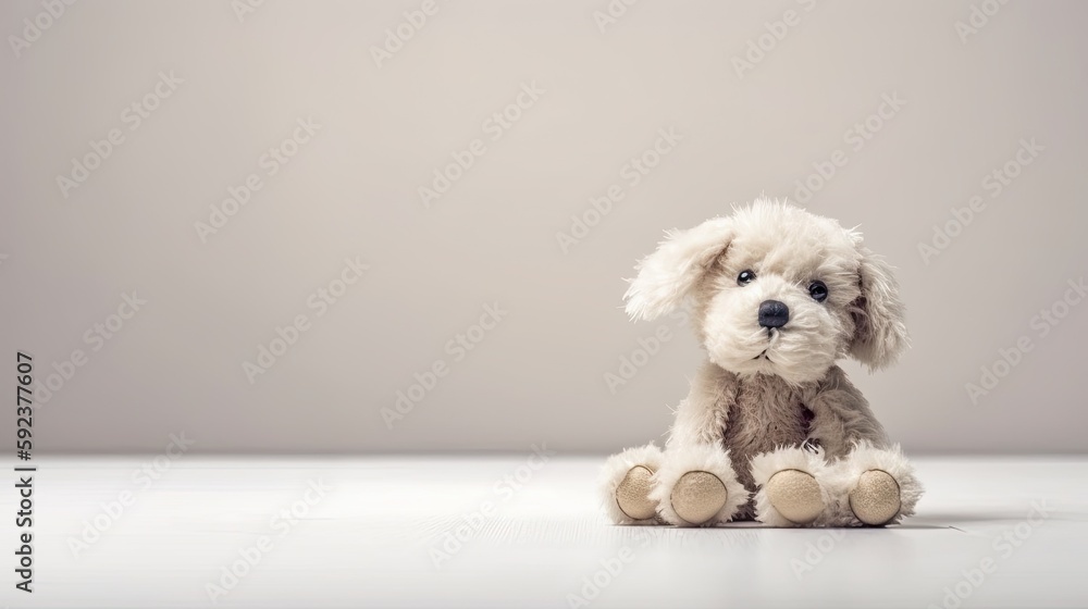 Cute little toy dog sitting on white background with copy space ...