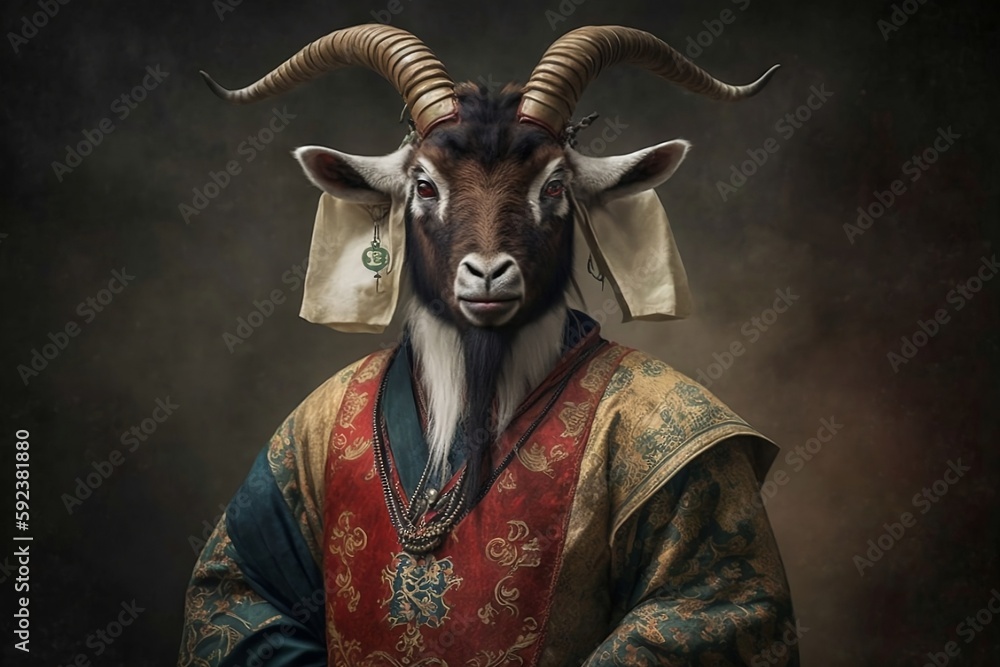 A goat in a Chinese national costume, a sign of the Chinese zodiac ...