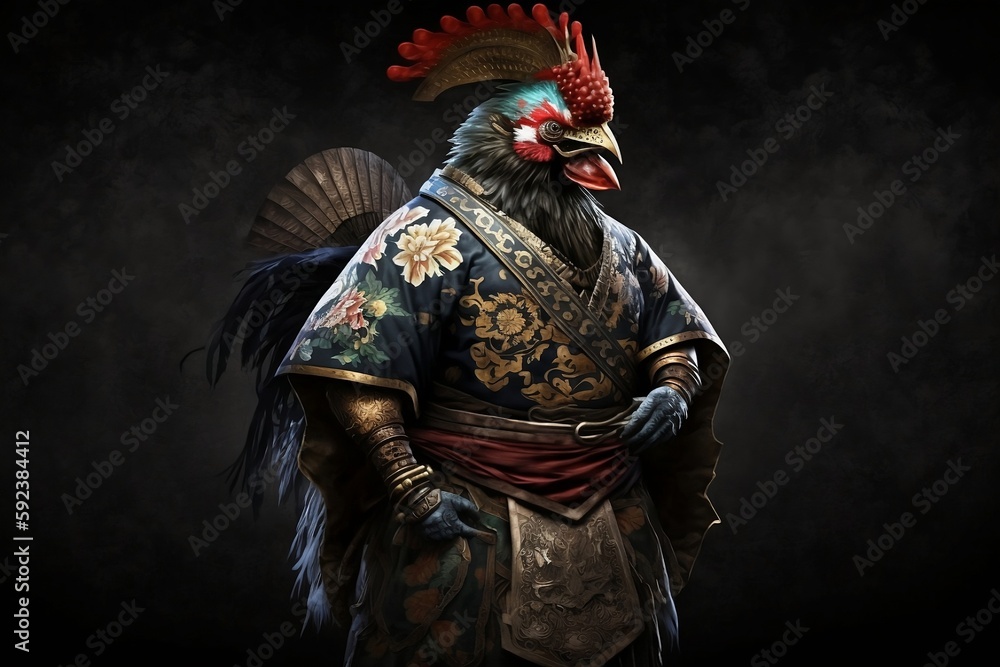 A rooster in a Chinese national costume, a sign of the Chinese zodiac ...