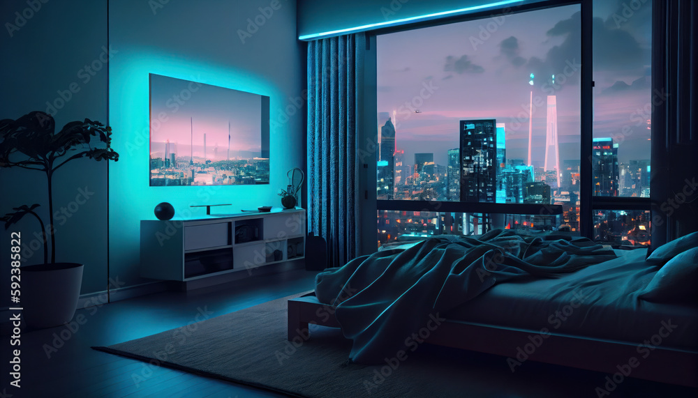 Living room interior with panoramic window at night time, dark ...