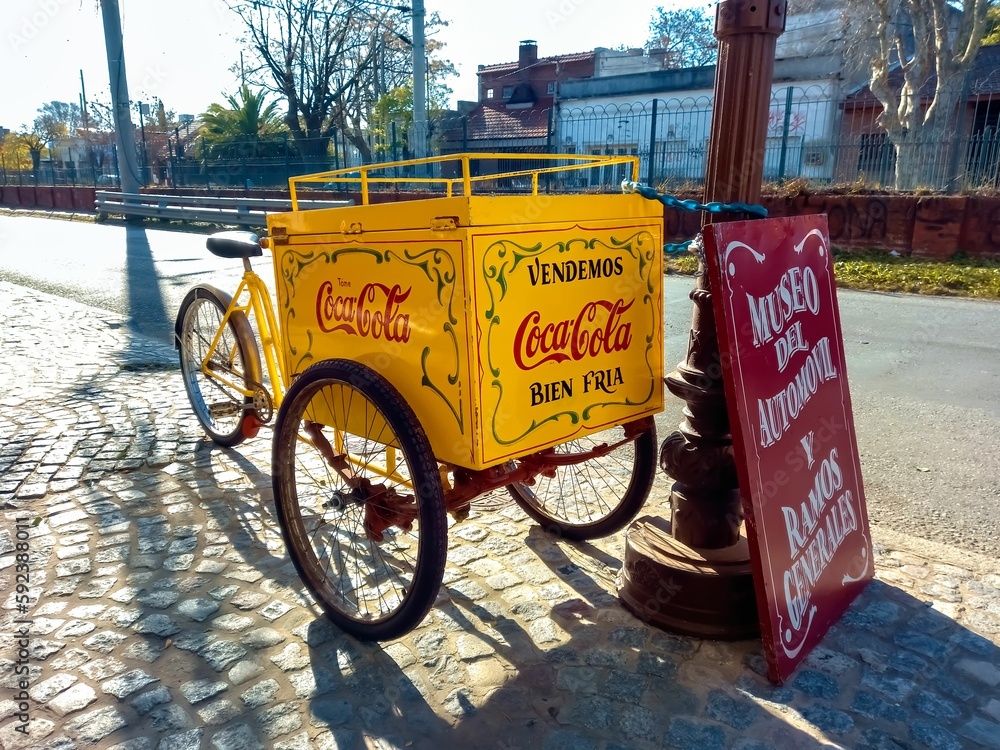 Old beverage vending cargo bike. Delivery trike. Coca Cola logo and ...
