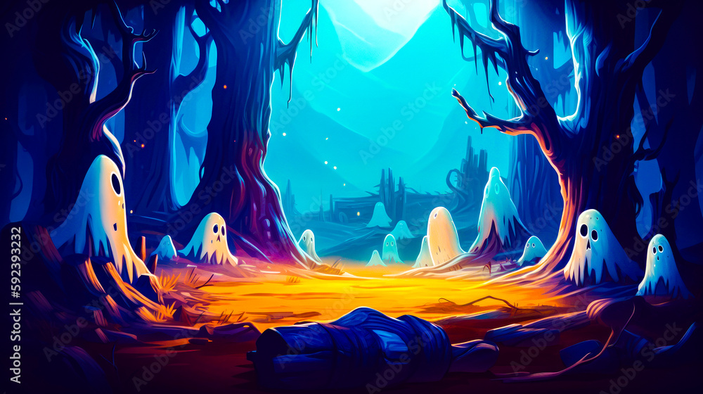 Cartoon scene of forest with lots of trees and bright light at the end ...