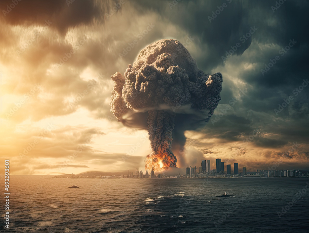 Atomic bomb realistic explosion, orange color with smoke on black ...