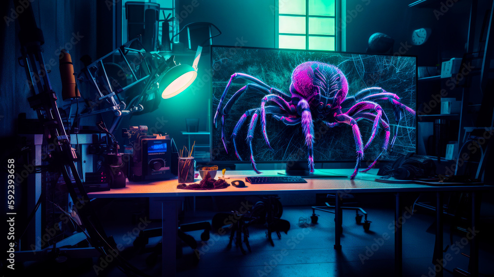 Purple spider sitting on top of desk next to computer monitor ...