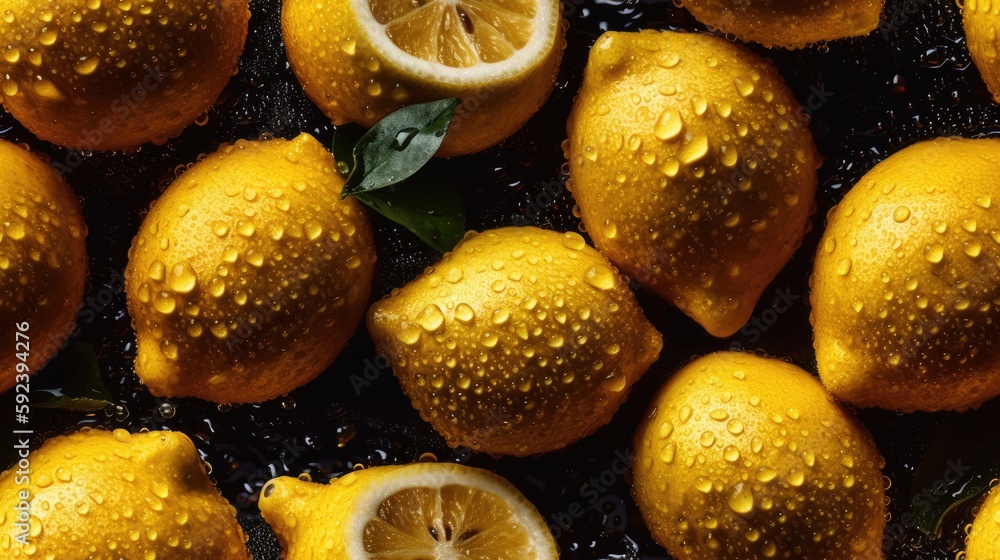 Lemons Seamless Background: Sparkling Water Droplets, Top Down View ...