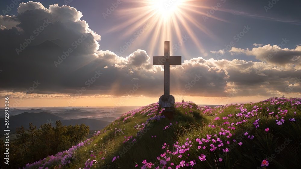 Religious Cross on the mountain at sunset. Landscape with flowers and a ...