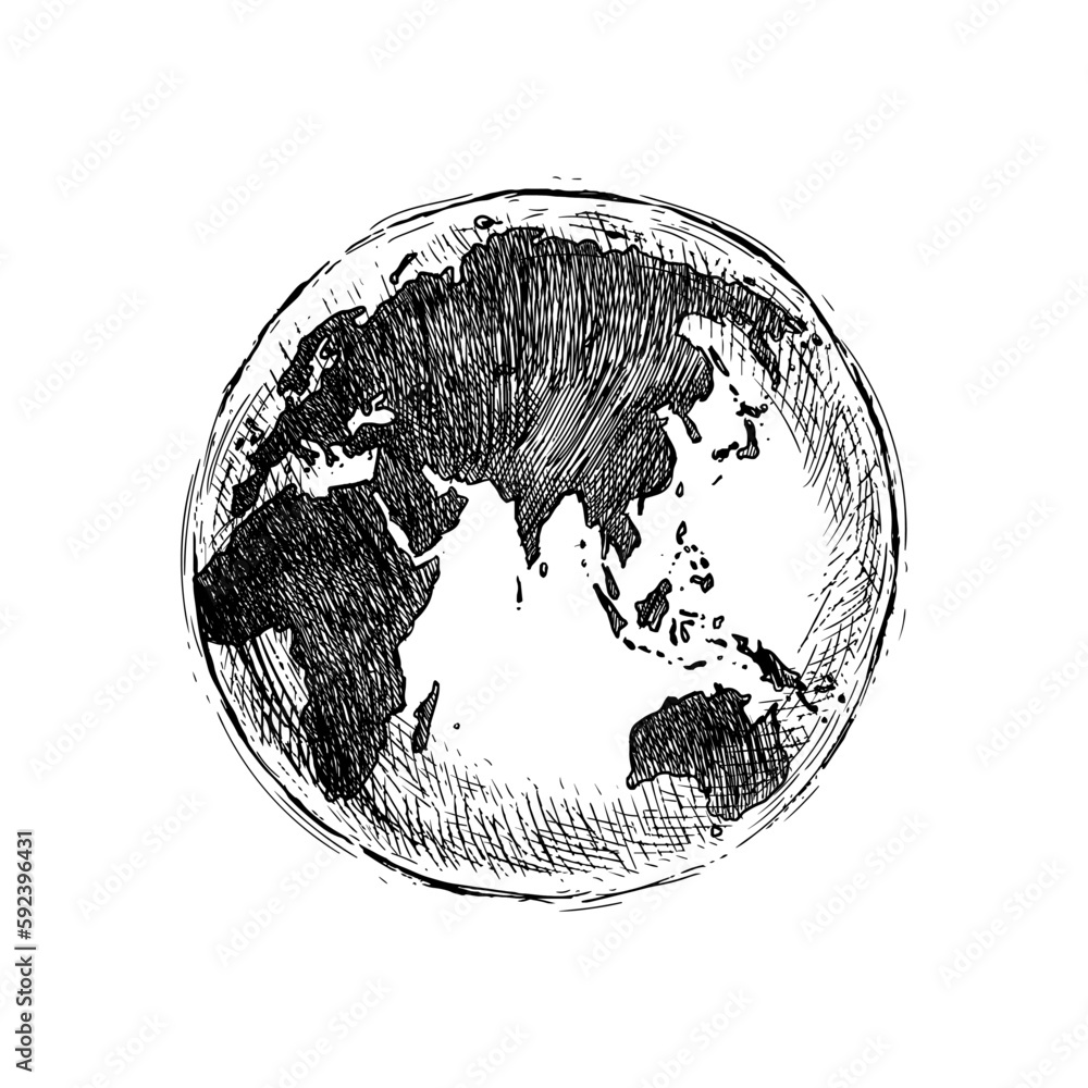 Globe sketch. Hand drawn earth planet with continents and oceans ...