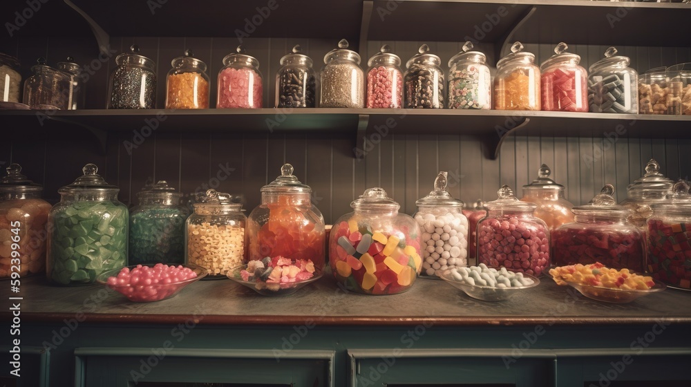 a shelf filled with lots of different types of candy in glass jars on ...