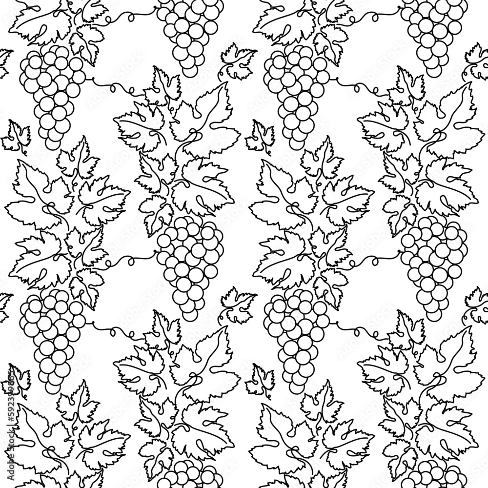 Bunches of grapes. Vine. Seamless pattern. Vector line drawing on white ...