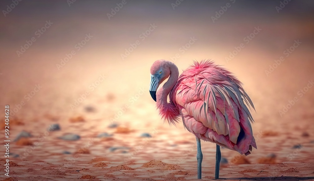 a pink flamingo standing in the sand with its head turned to the side ...