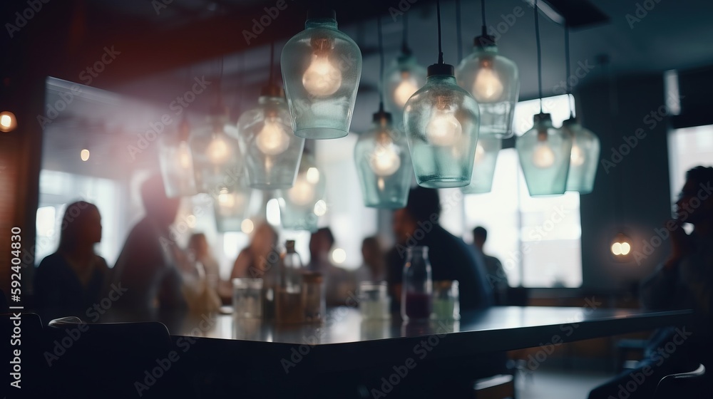 a group of people sitting around a table with lights hanging from the ...