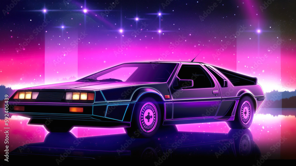 Retro futuristic car. Synthwave. Cyberpunk. Shining neon colors ...