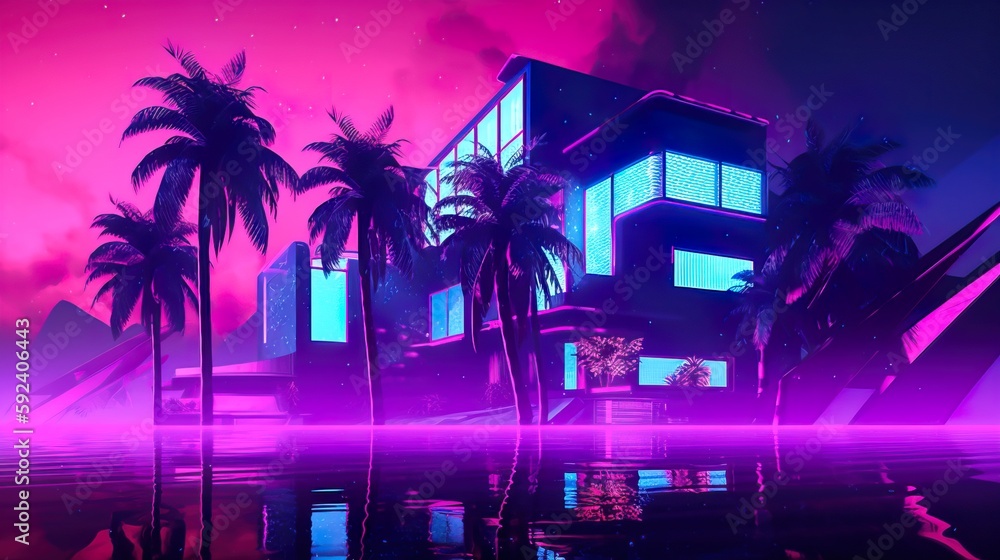 Synthwave Neon night landscape with Glowing Hotel, palm trees and sea ...