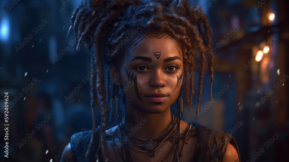 Ceremony of an Afro girl at night in beautiful decorations and drawings ...