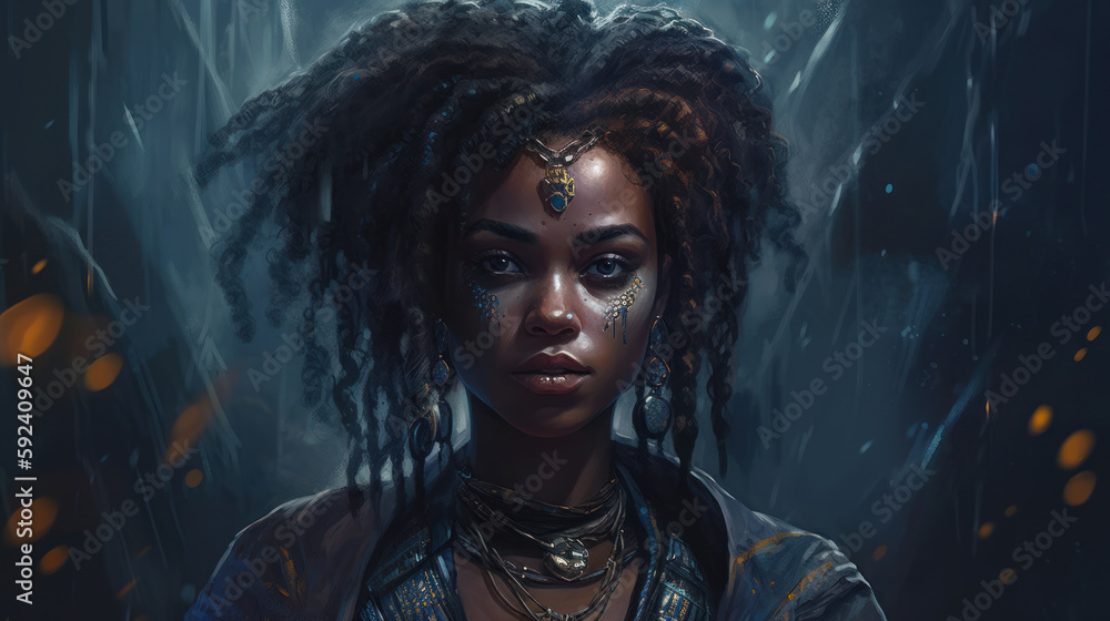 Ceremony of an Afro girl at night in beautiful decorations and drawings ...
