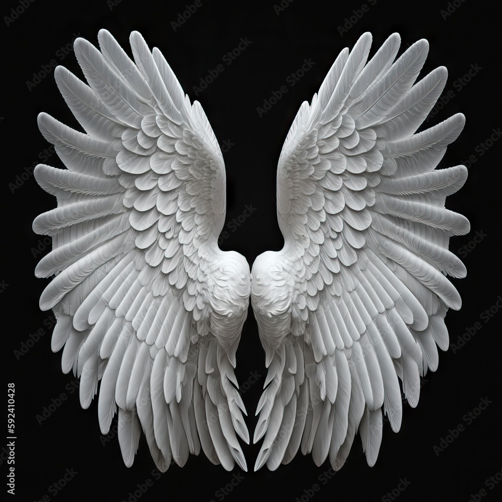 White angel wings isolated on black background, Dimensional model ...