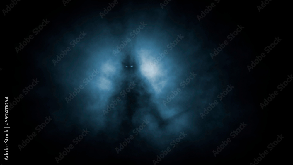 Gloomy maniac silhouette with long knife in rays of dim light. Dark ...