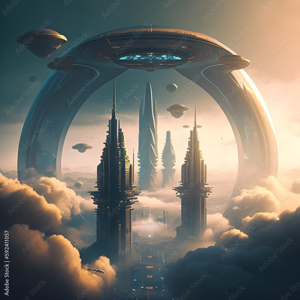 Create an image of a magnificent futuristic city floating high in the clouds The city is built ...