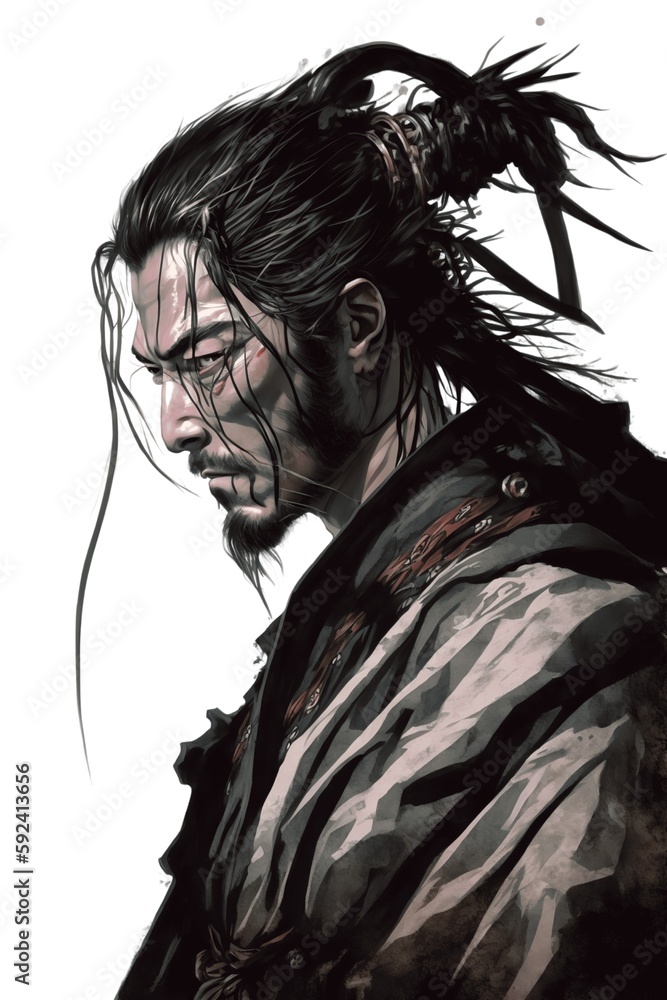 Póster Miyamoto Musashi Vagabond Samurai | Japanese Warrior | Long Hair ...