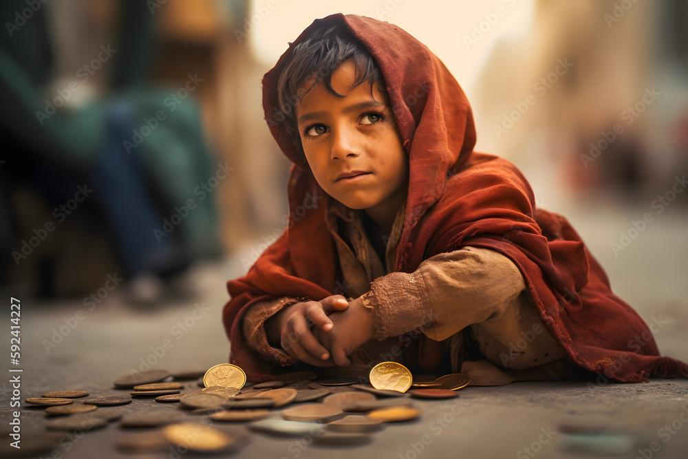 Poor beggar hungry child boy ragged in torn clothes with an ...