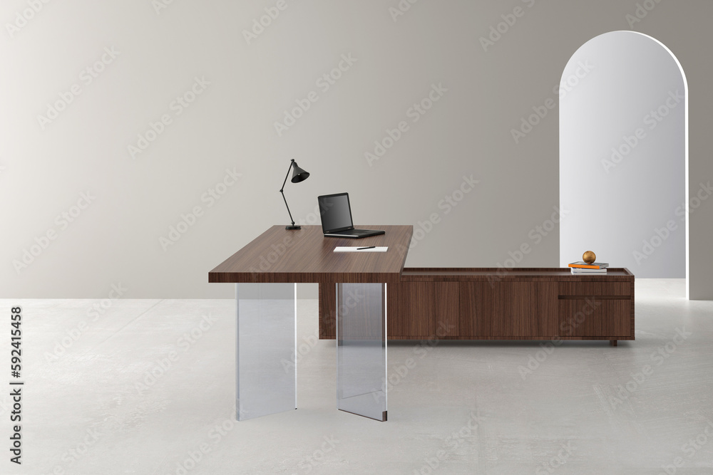 3d render minimal office interior design . Office desks without office ...