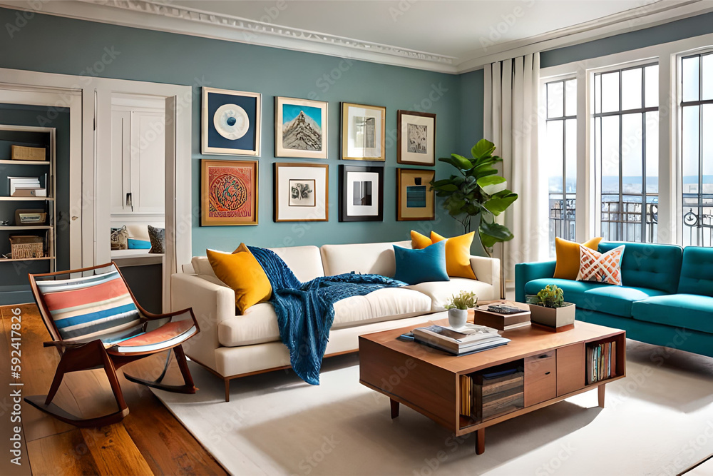 Interior design of a travel-inspired living room that incorporates ...