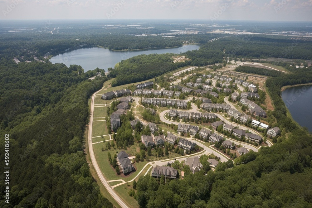 Aerial view urban sprawl and master planning subdivision with row of ...