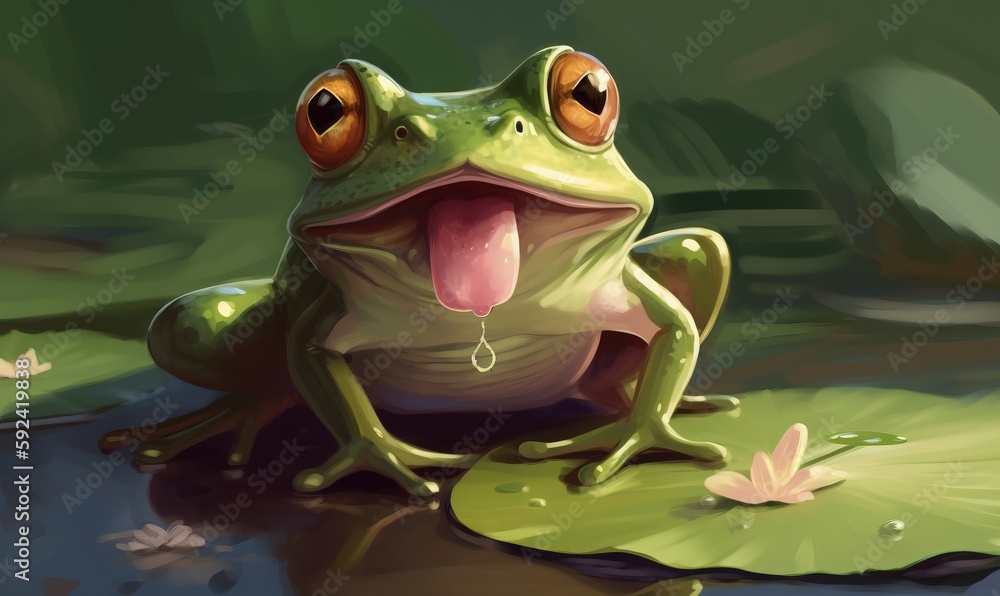 a frog with its mouth open sitting on a lily pad with its tongue out ...
