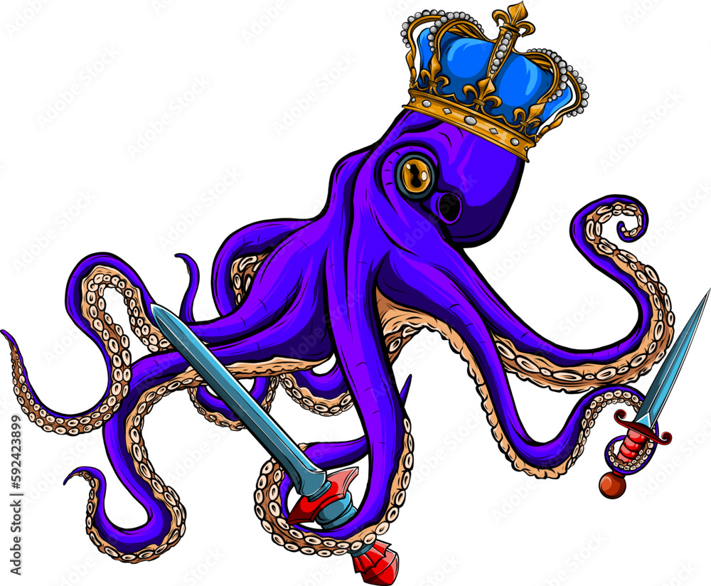 vector illustration octopus king on white background. digital hand draw ...