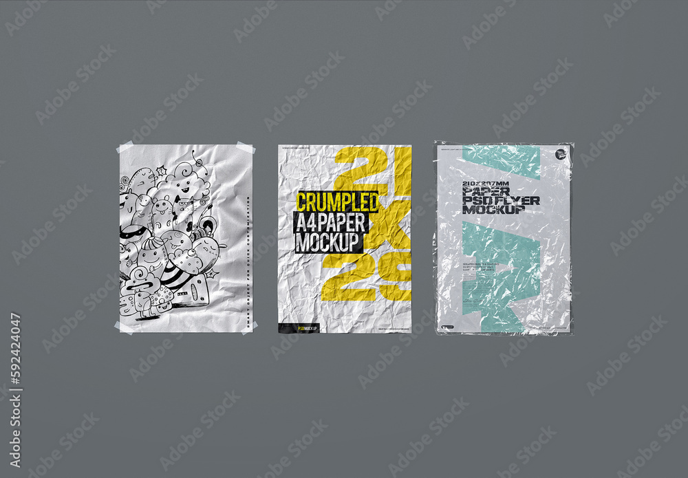 Flyer Mockup A4 Crumpled Adhesive Tape Clear Plastic Stock Template ...