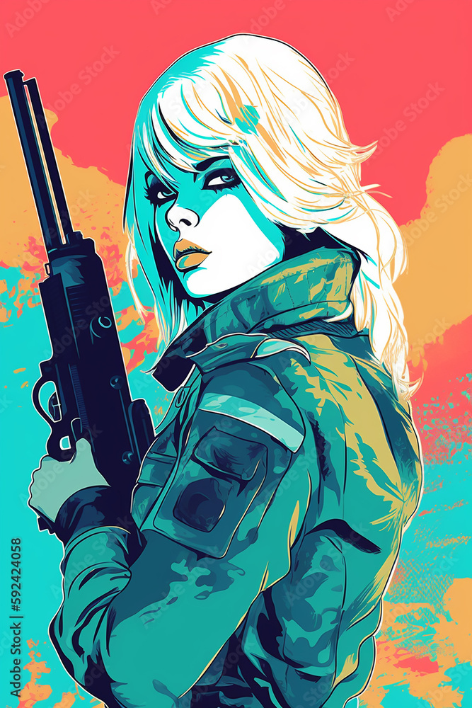 Soldado feminino loiro de beleza com arma Graffiti mulher ilustração ...