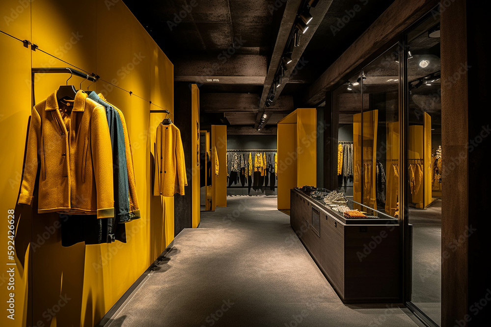 Minimalist fancy clothing shopDark yellow color palette. Centered ...
