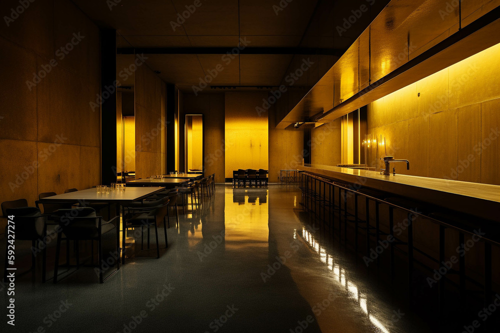 Minimalist fancy restaurant and bar. Dark yellow color palette ...