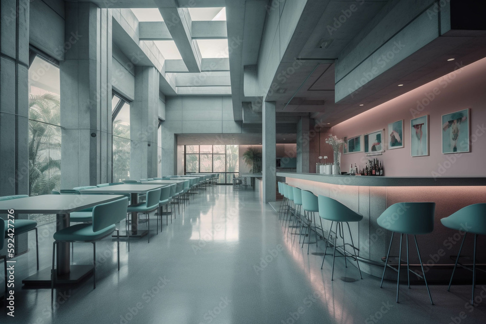 Minimalist fancy restaurant and bar. Aesthetic pastel color palette ...
