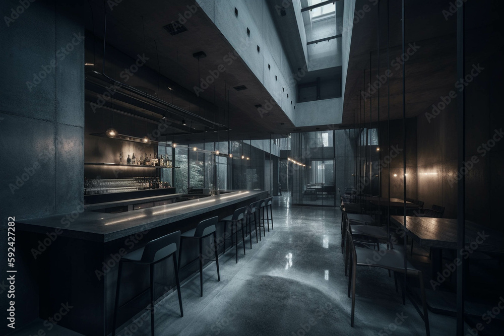 Minimalist fancy restaurant and bar. All-grey color palette. Centered ...