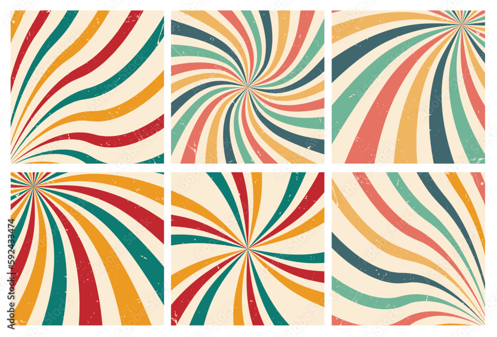 Set of colorful summer swirls with multicolored beams in a retro 70s ...