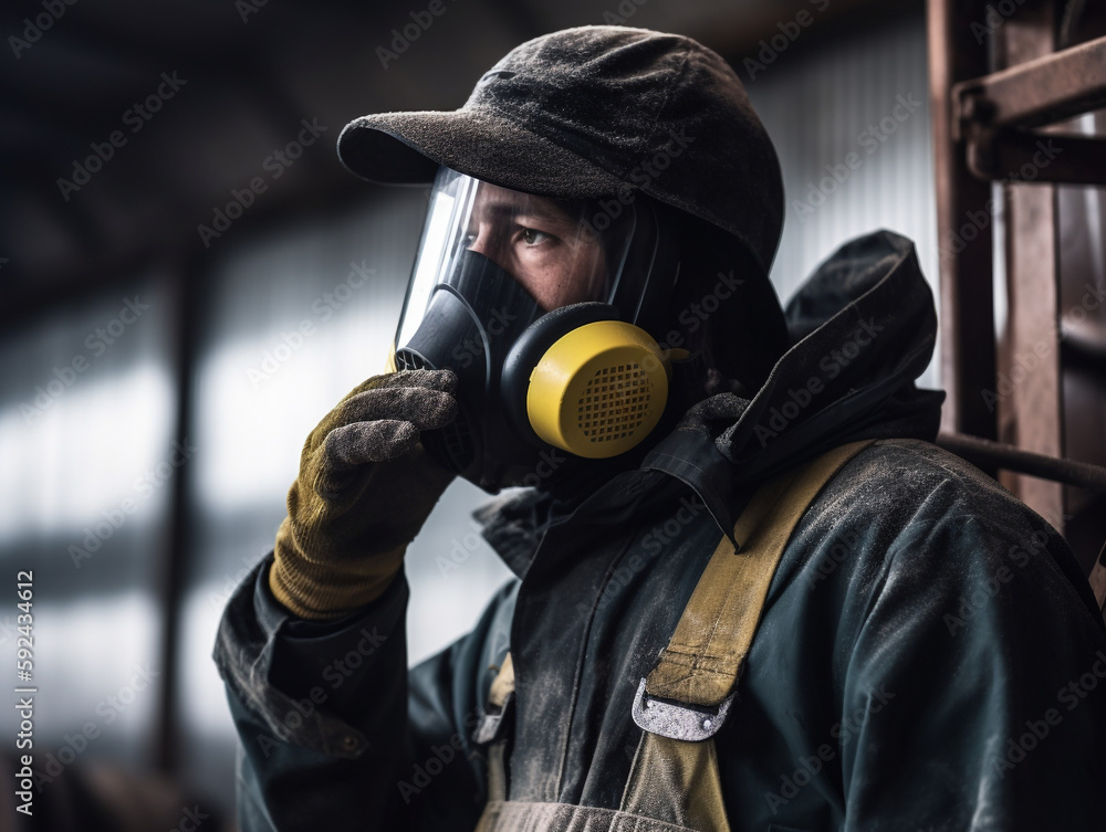 Man wearing a hazard suit and gas mask working with highly infectios ...