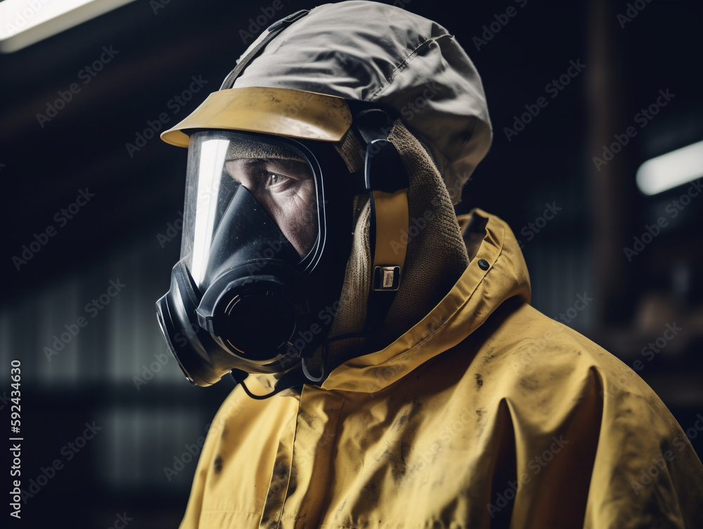 Man wearing a hazard suit and gas mask working with highly infectios ...