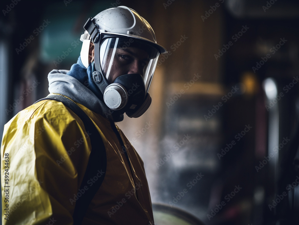 Man wearing a hazard suit and gas mask working with highly infectios ...