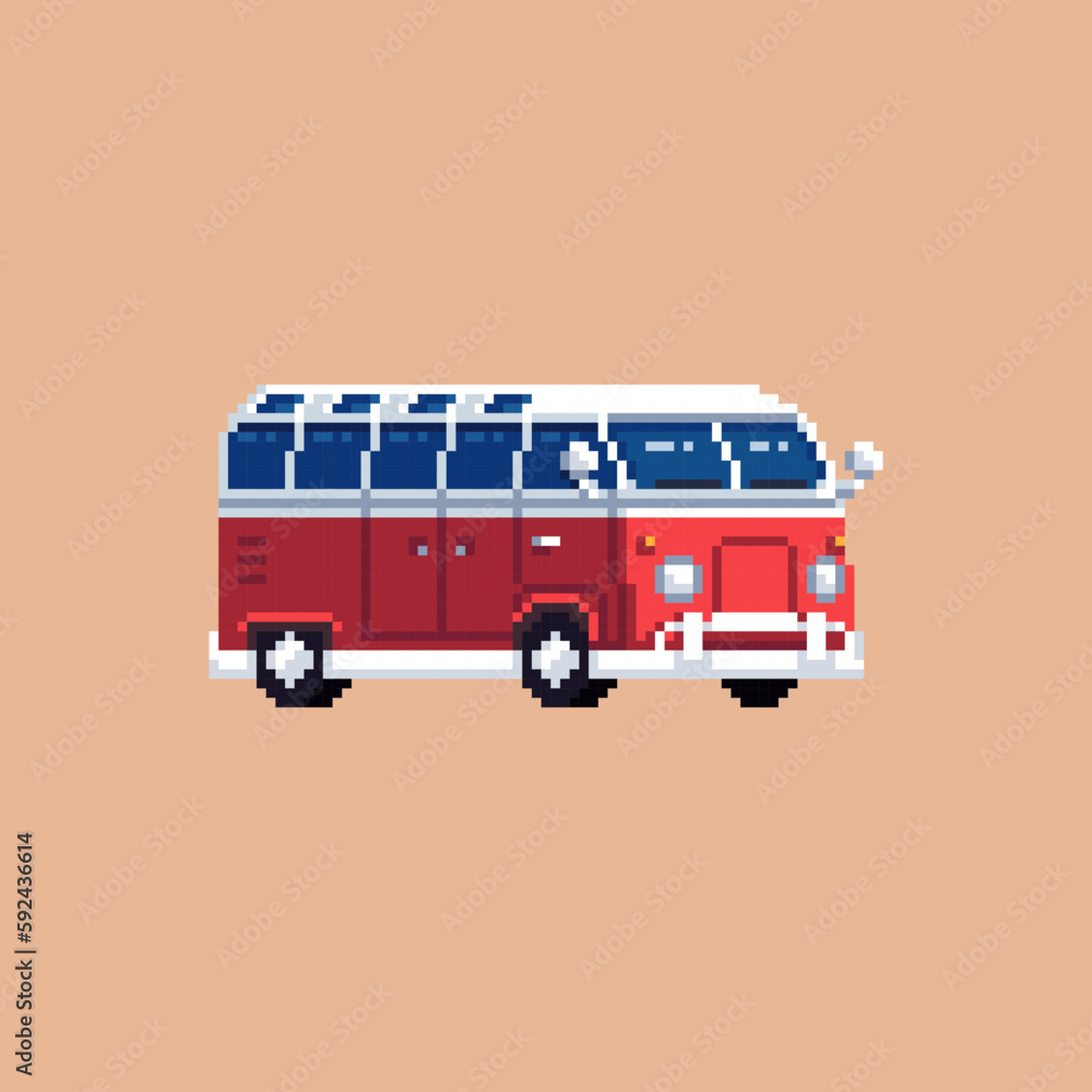 Pixel art retro red and white minivan asset. 8 bit transport bus icon ...