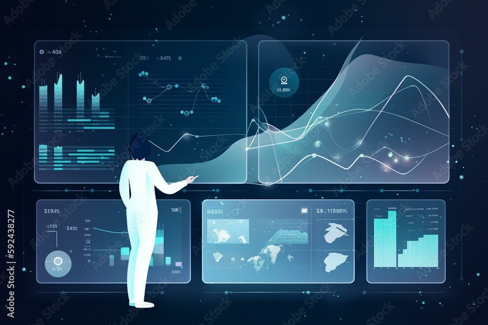 Data analytics with business information chart monitoring tiny person ...