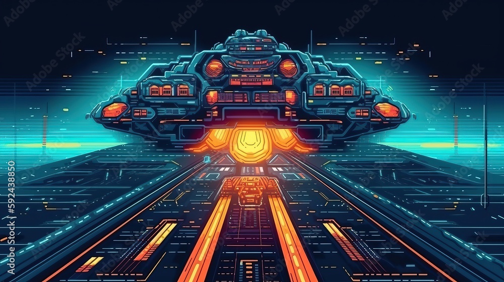 Space ship, Retro computer games level. Pixel art video game scene 8 ...