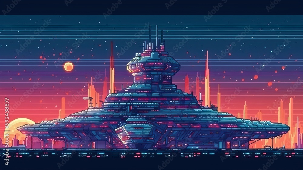 Space ship, Retro computer games level. Pixel art video game scene 8 ...