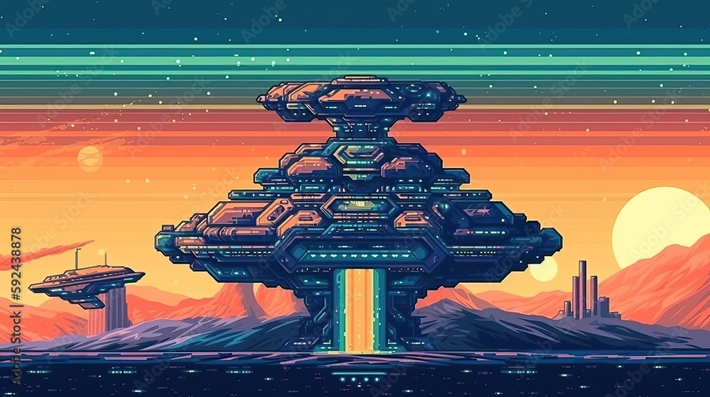 Space ship, Retro computer games level. Pixel art video game scene 8 ...