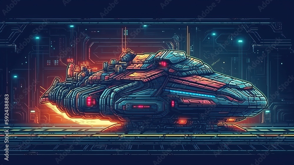 Space ship, Retro computer games level. Pixel art video game scene 8 ...