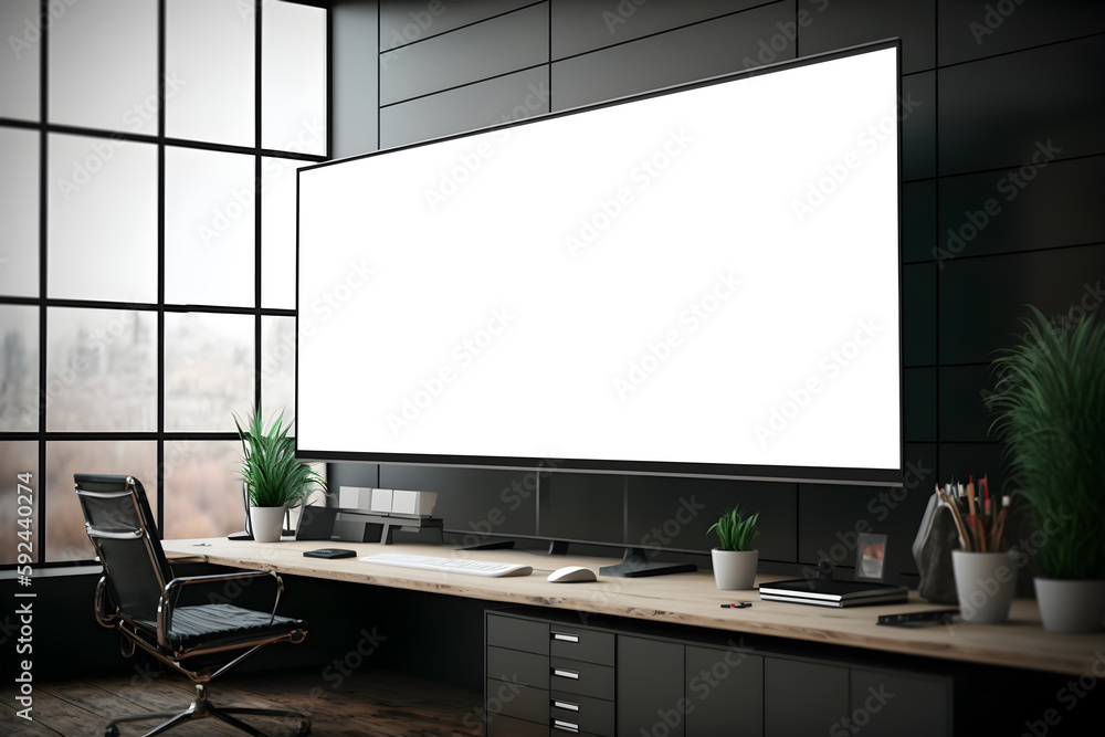 Realistic 3d side view of presentation screen in modern office ...