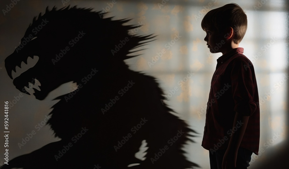 Confronting Inner Demons: Young Boy Facing Shadow Monster on Wall Stock ...