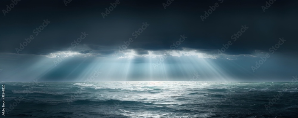 Blue God Rays Shining Down in Realistic Seascape Background Design ...