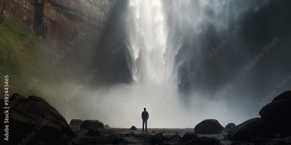 dramatic image of person standing at base of towering and majestic ...