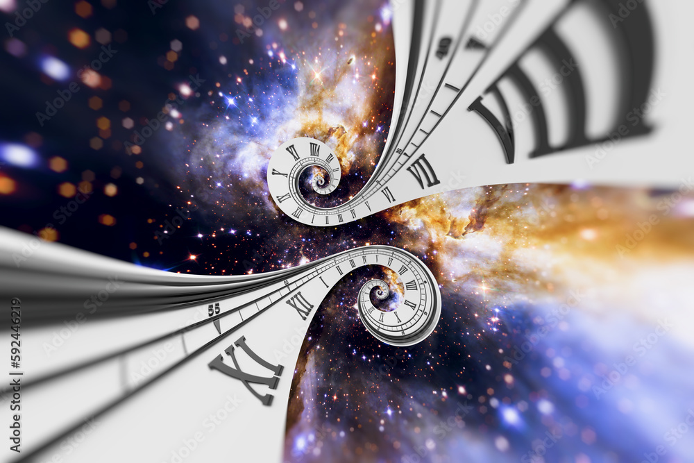 Surreal spiral clock in space. Concept of time, space, time travel ...